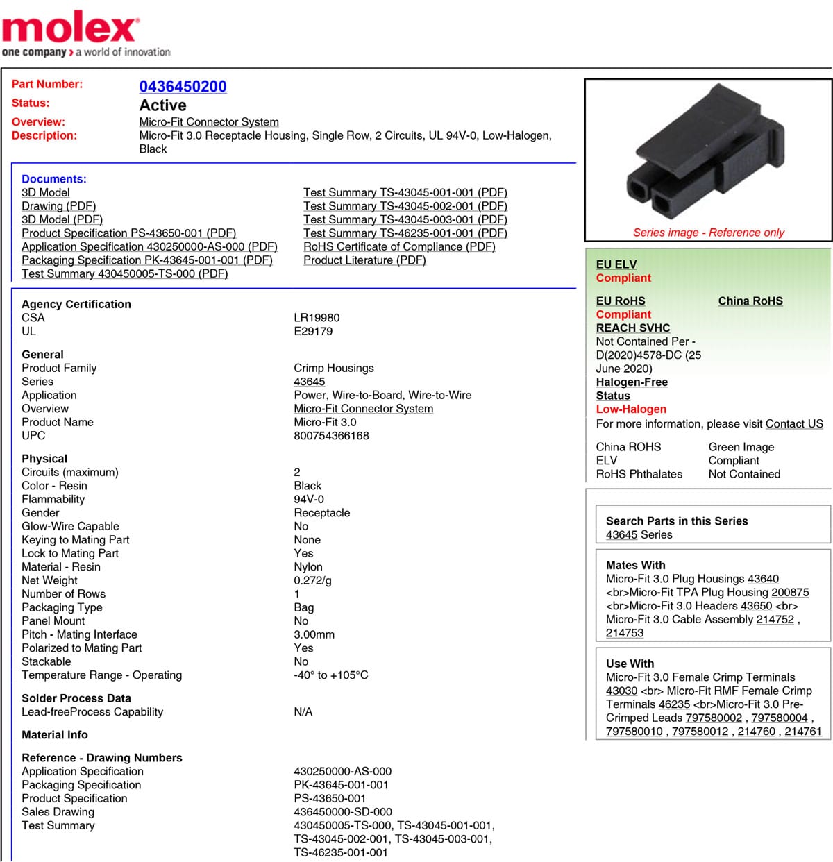 MicroFit Connector Receptacle 2 Position 43645-0200 - Unique Prints