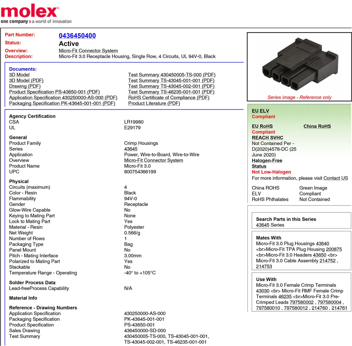 MicroFit Connector Receptacle 4 Position 43645-0400 - Unique Prints